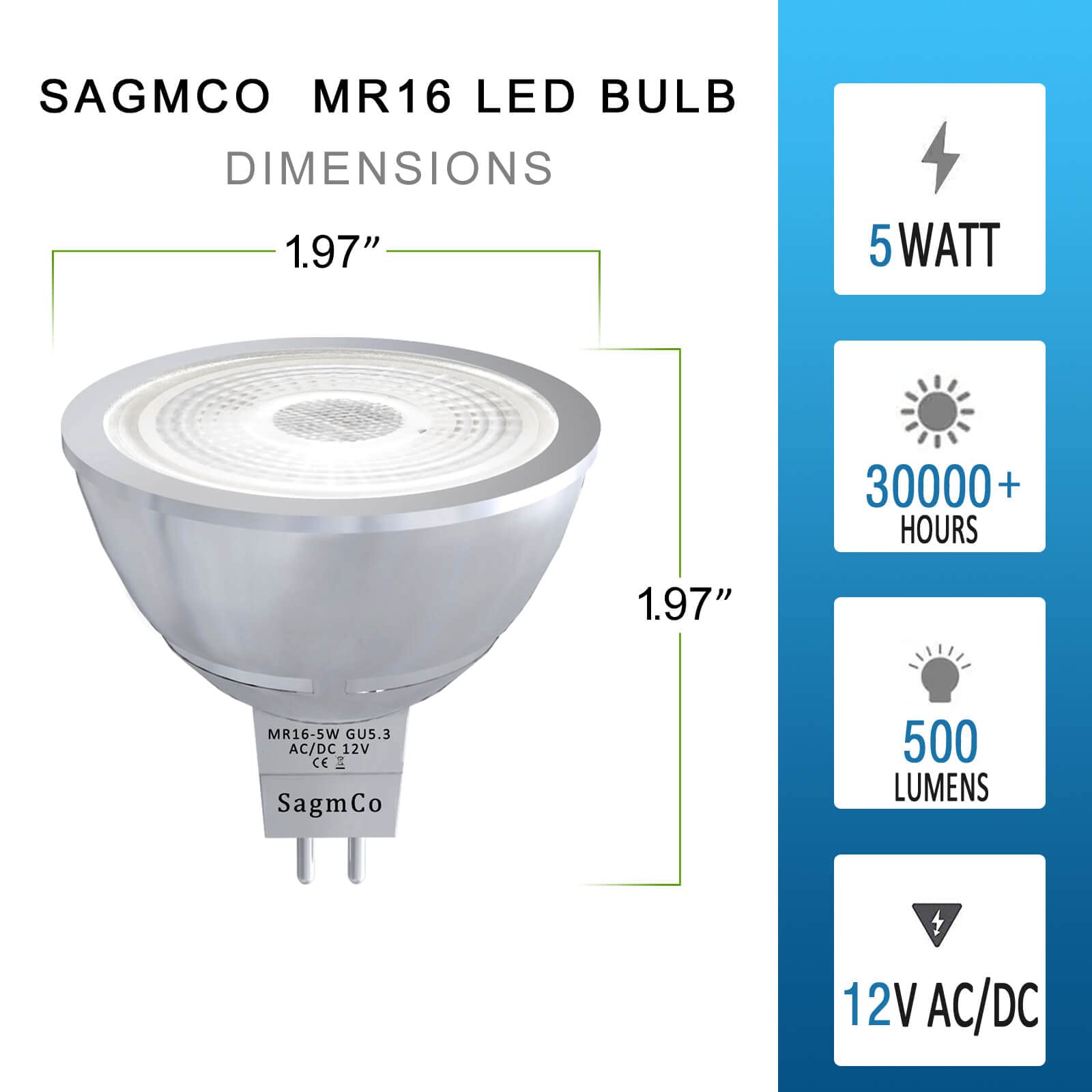 SagmCo 6 Pack MR16 LED Bulb 50W Equivalent 5000K Daylight 30,000 Hour Lifetime 90% Energy Saving 5W 12V AC/DC 38 Degree GU5.3 Base Non-Dimmable