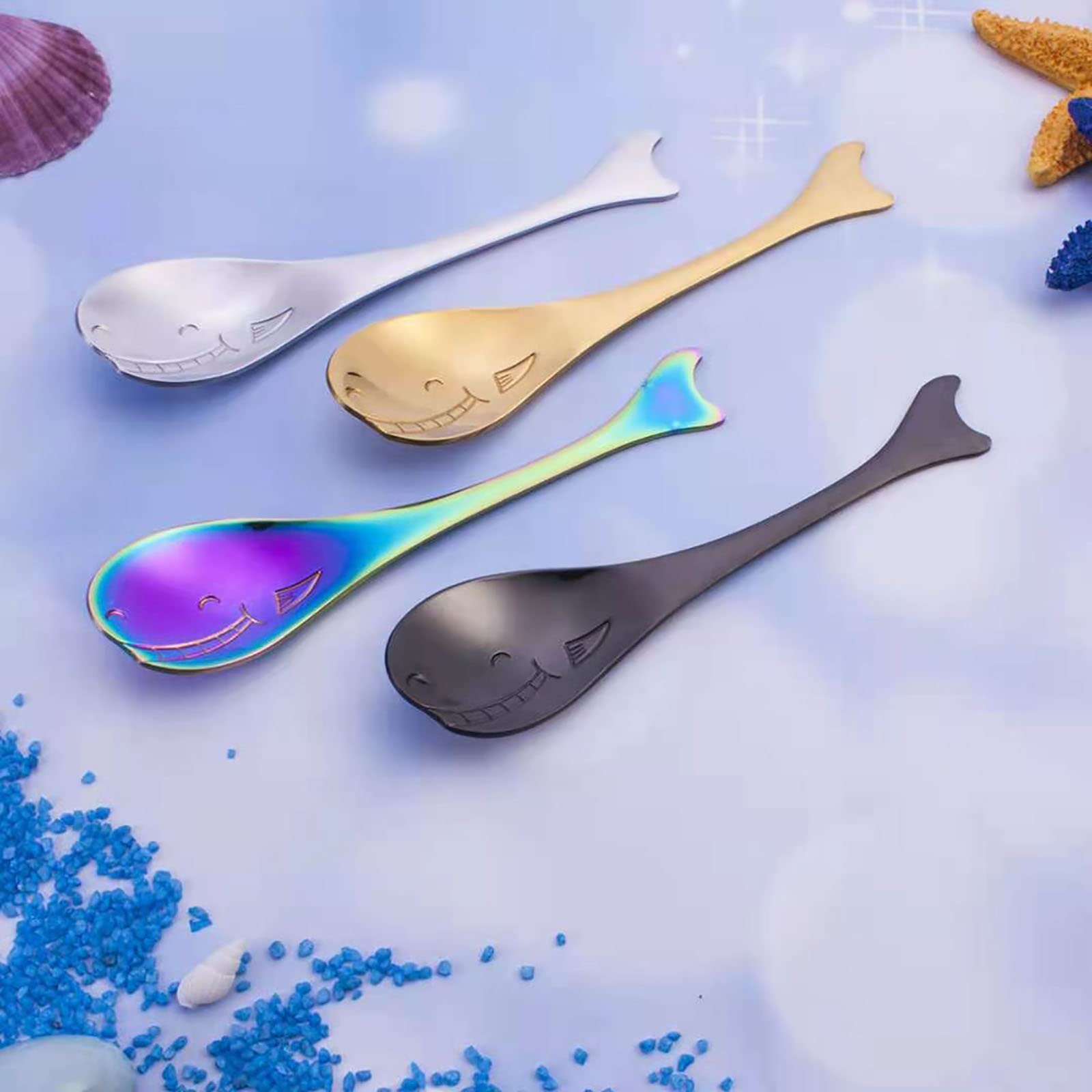 maitexi 4 Pcs Creative Whale Spoon Set, Stainless Steel Tea Spoon Set,5.1 Inches Colorful Stainless Steel Tea Dinner Table Mixing Spoon Kit, Dessert Coffee Sugar Spoon