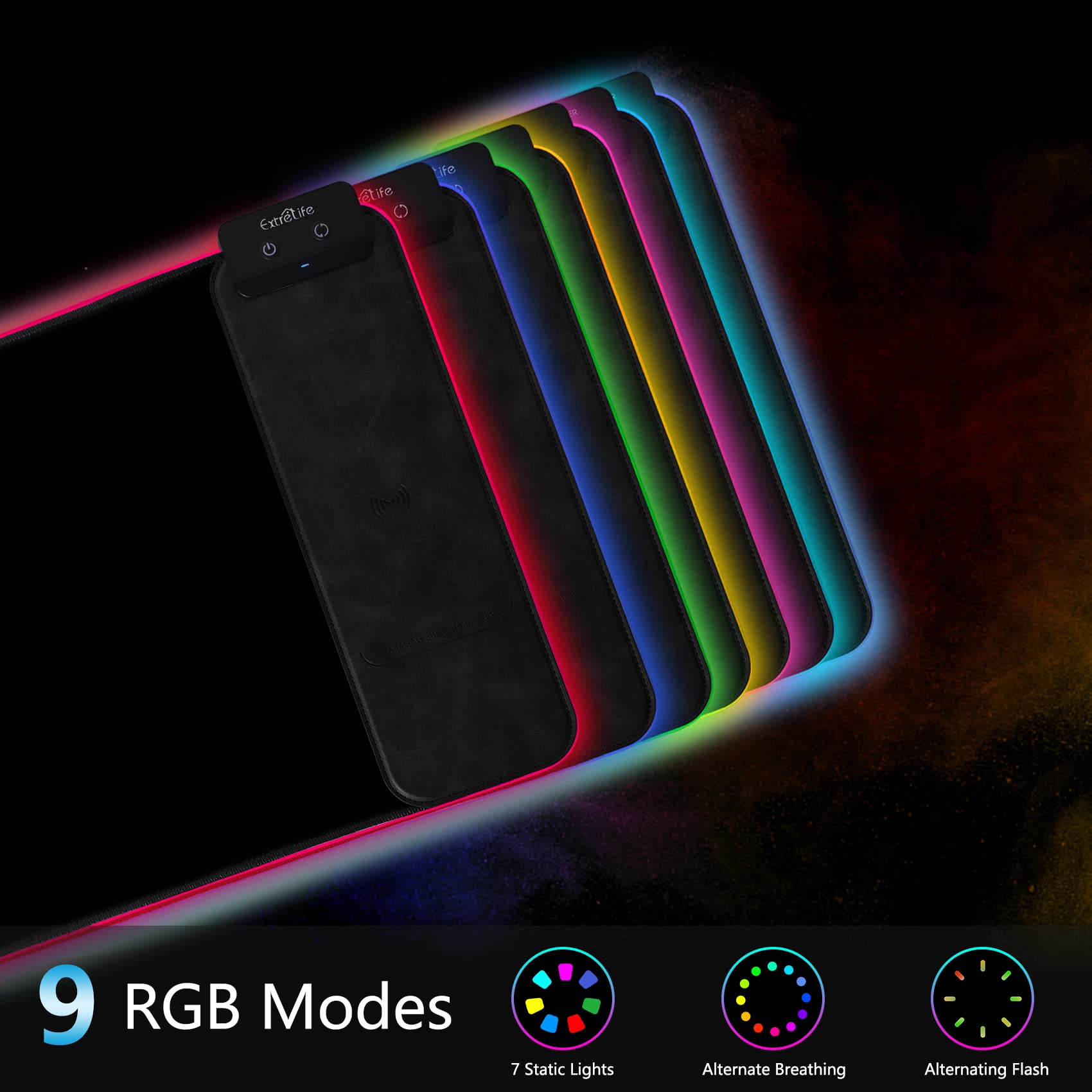 RGB Gaming Mouse Pad with 15W Wireless Charging, LED Mouse Pad with Dual Wireless Charger for iPhone/Airpods, 31.5"x15.7" XXL Large Desk Mat, 13 Light Modes, Non Slip Base, Carbon Black