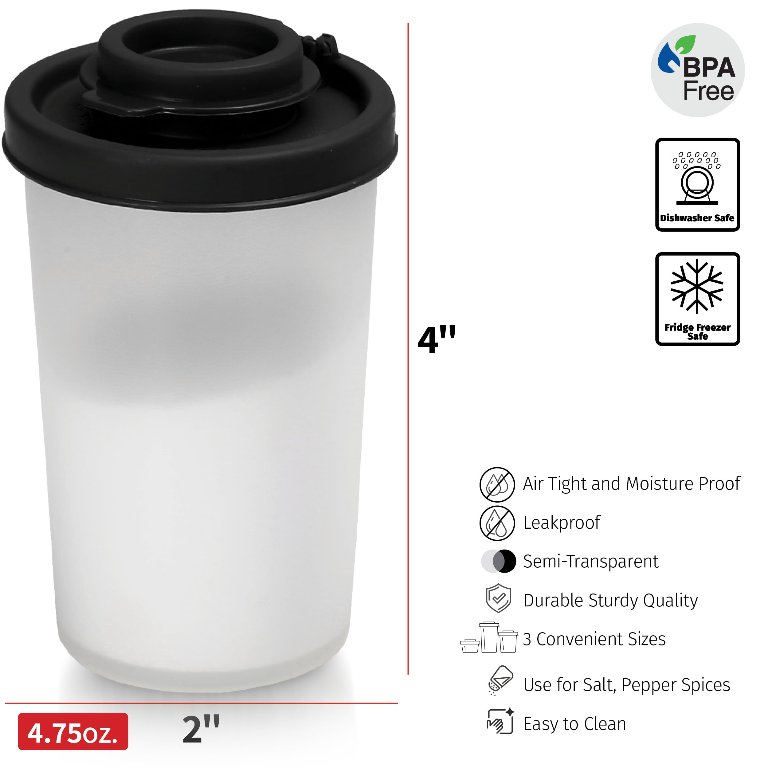 SIGNORAWARE Salt and Pepper Shakers Moisture Proof Set of 2 Large Salt Shaker to go Camping Picnic Outdoors Kitchen Lunch Boxes Travel Spice Set Clear with Red Covers Lids Plastic Airtight Dispenser