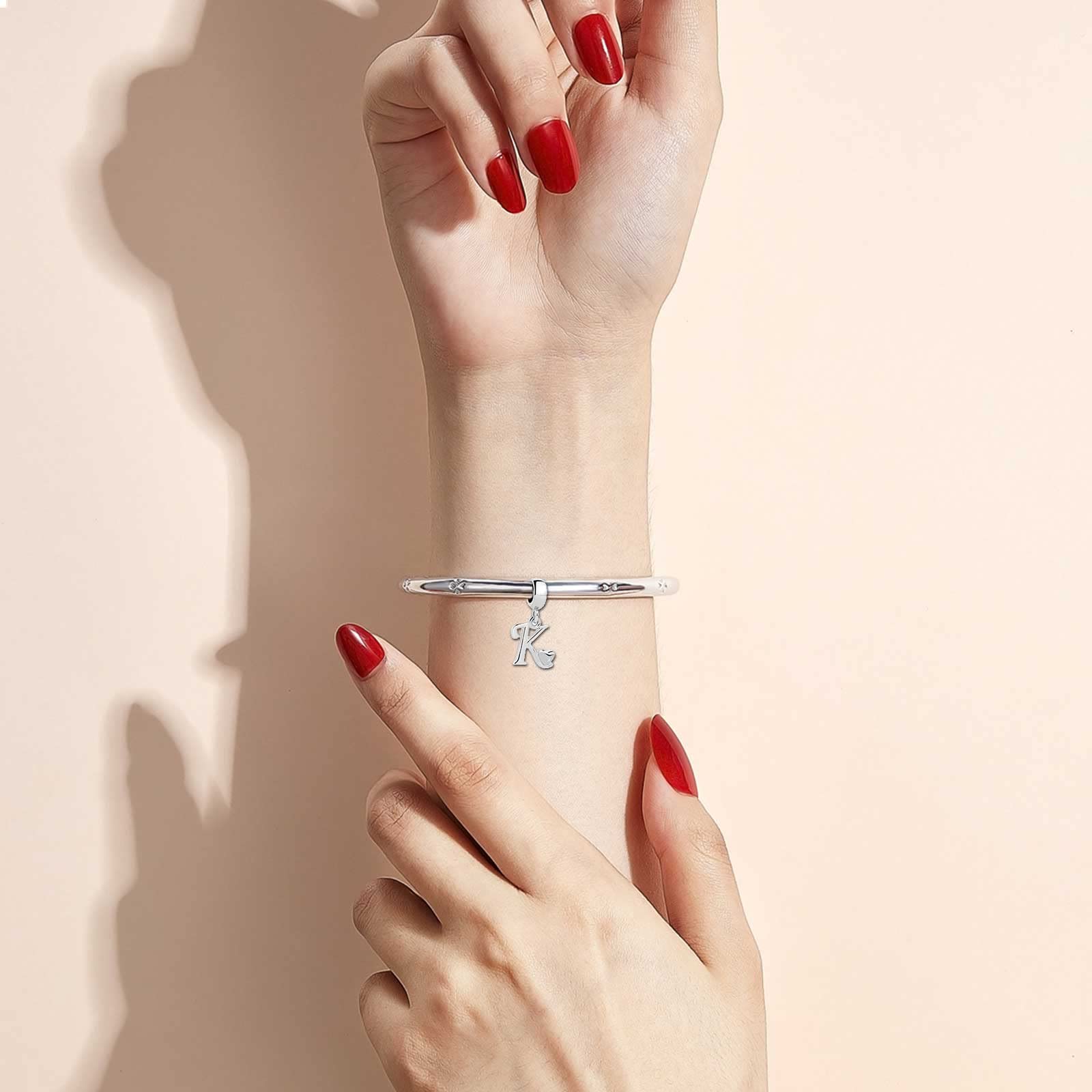 KunBead Initials K Letter Alphabet Love Heart Birthday Dangle Charm Compatible with Pandora Bracelet for Women