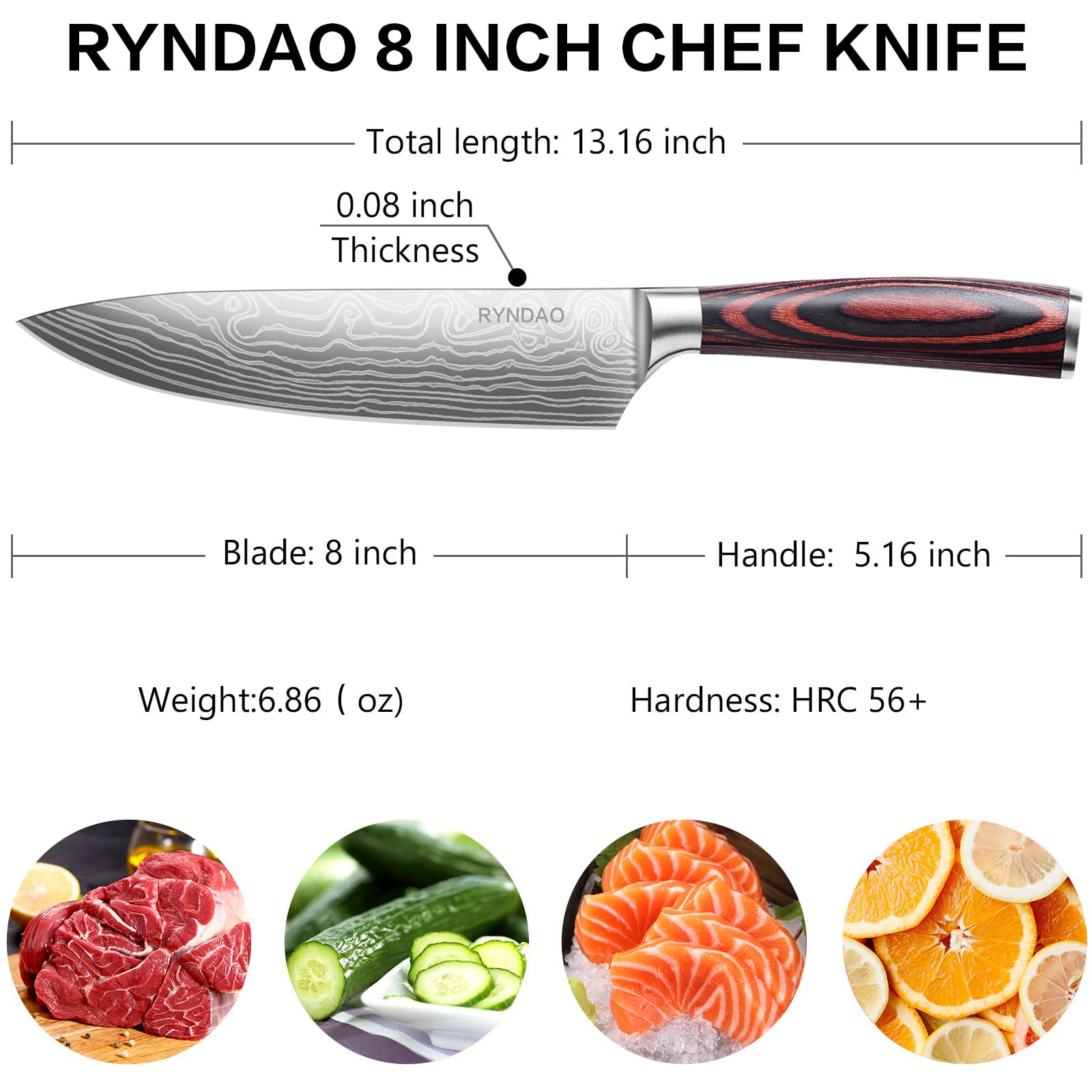RYNDAO Chef Knife, 8 inch Professional Kitchen Knife, High Carbon Stainless Steel Sharp Chef's Knife with Ergonomic Handle and Gift Box for Family & Restaurant