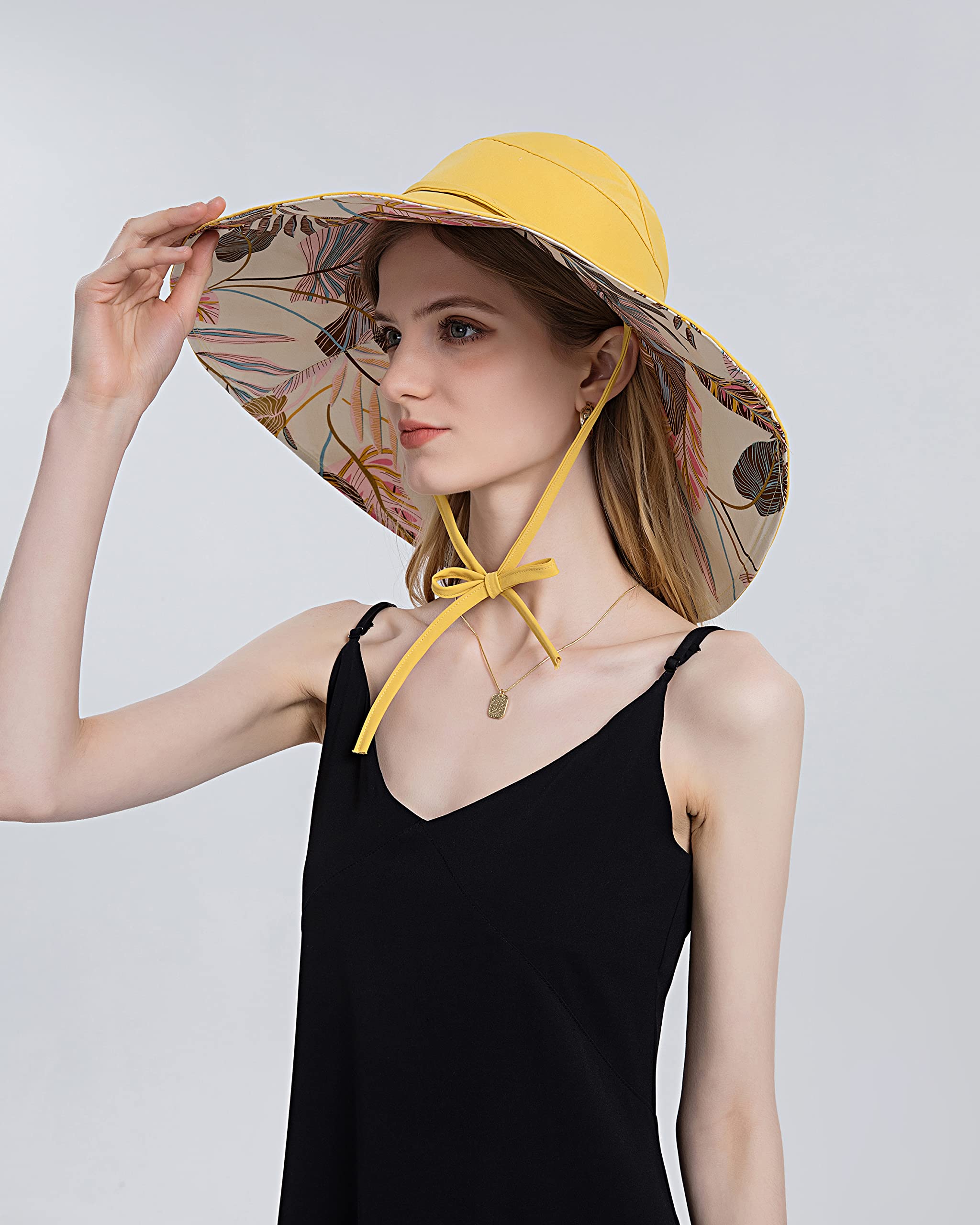 Koreshion Women Ponytail Sun Hat Reversible Fishing Hat Foldable Bowknot Summer Hat UPF 50+ Beach Cap Wide Brim Bucket Hat Yellow