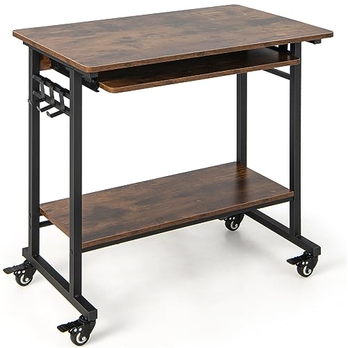 Tangkula Rolling Computer Desk Cart with Keyboard Tray, Mobile Portable Laptop PC Desk with CPU Stand & 3 Hooks for Sofa & Bed, Industrial Small Desk on Wheels for Small Spaces, Home Office Desk