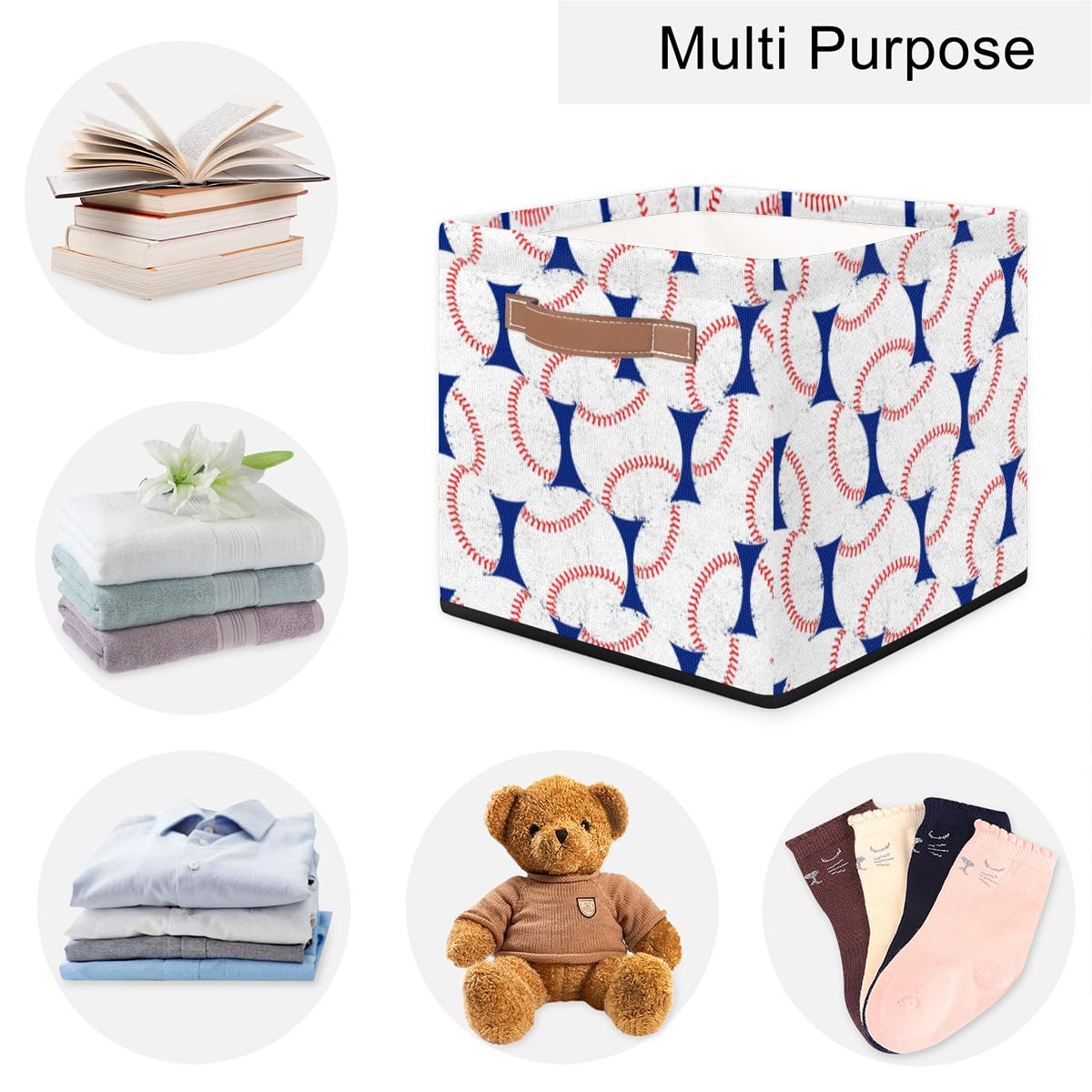 KOBLEN Sports Baseball Ball Square Storage Basket Collapsible Storage Box Clothes Basket 13x13 Inch Large Cube Storage Bin With PU Leather Handle for Home Office Closet Shelves