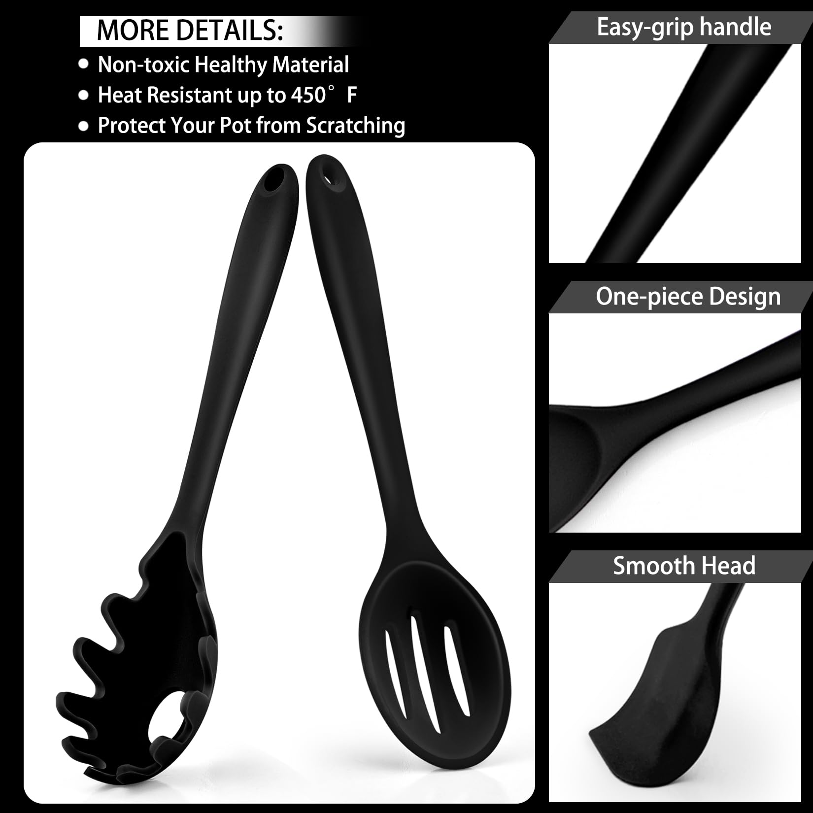 Kitchen Cooking Utensils Set of 7, P&P CHEF Heat-proof Cooking Utensil Kitchen Spatula for Nonstick Cookware Cooking Serving, Slotted Turner, Soup Ladle, Spatula, Pasta Server, Spoon - Black