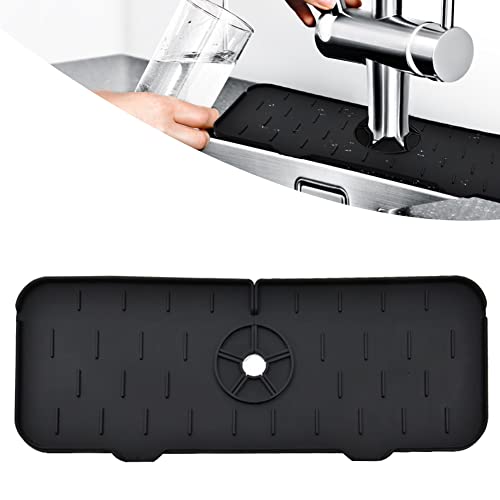 Silicone Kitchen Sink Splash Guard, VSTM Faucet Water Drip Catcher Mat, Sink Drain Pad Behind Faucet, CounterTop Protector Drying Mat Racks for Bathroom, Kitchen, Bar, RV and Farmhouse (Black)