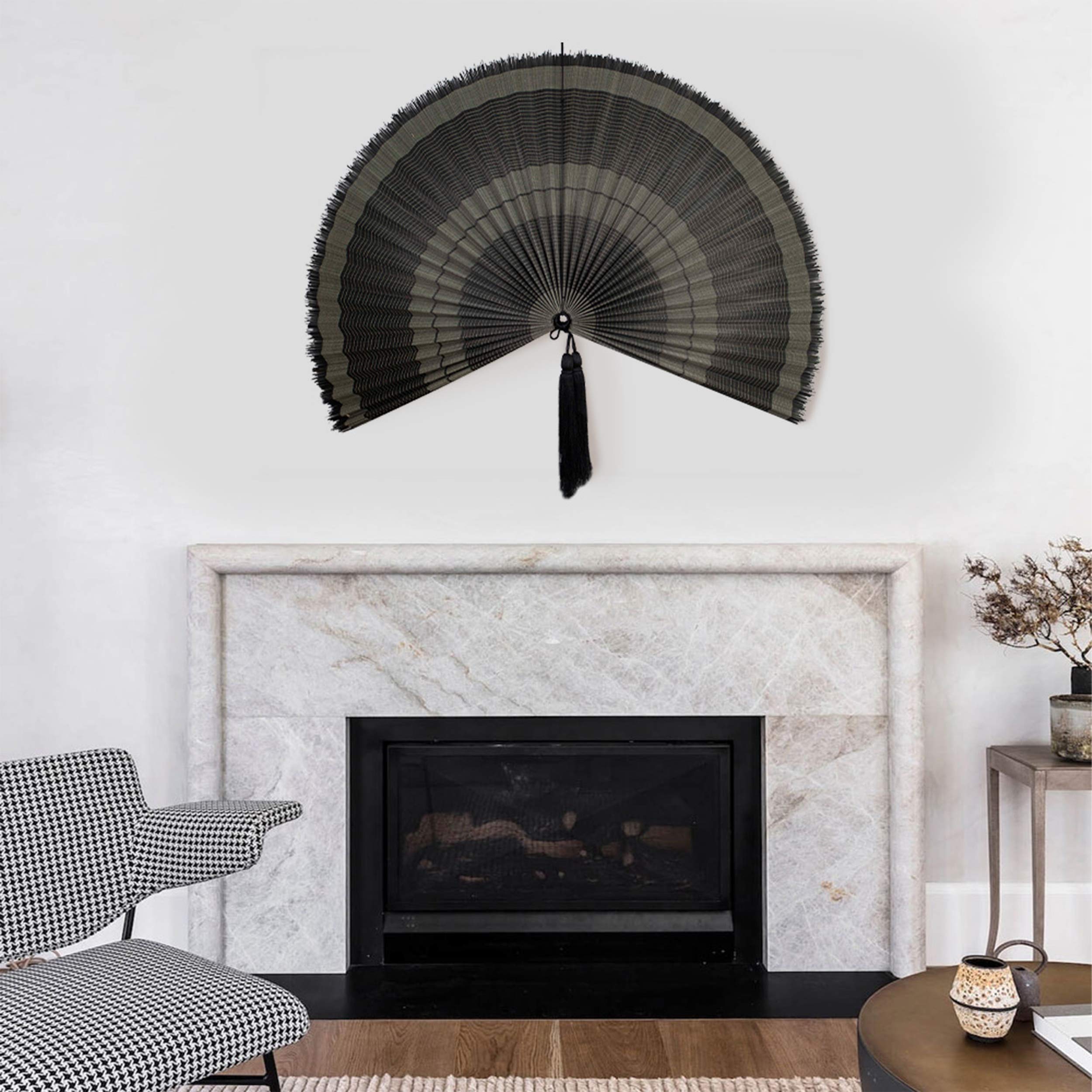 MadeTerra Bamboo Rustic Fan Wall Decor | Wall Hanging Boho Woven Home Decor Wall Pediment | Beautiful Wall Art for Apartment, Room, Home Decoration (Extra Large 43''x21'', Black-Grey)