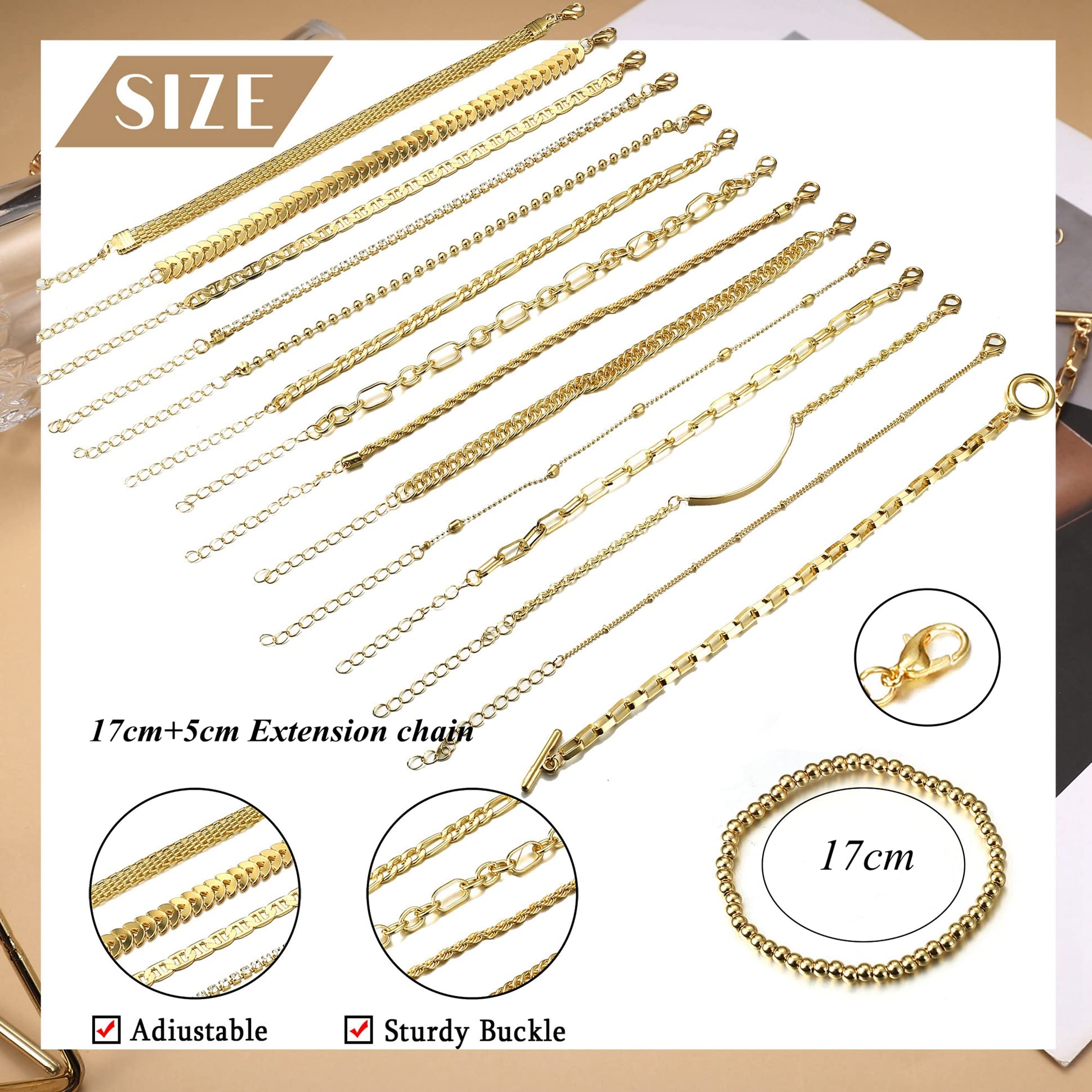 SAILIMUE 16Pcs Gold Chain Bracelet for Women 14K Gold Plated Stacked Beaded Bracelets Dainty Stackable Layered Metal Link Bracelet Sets Adjustable