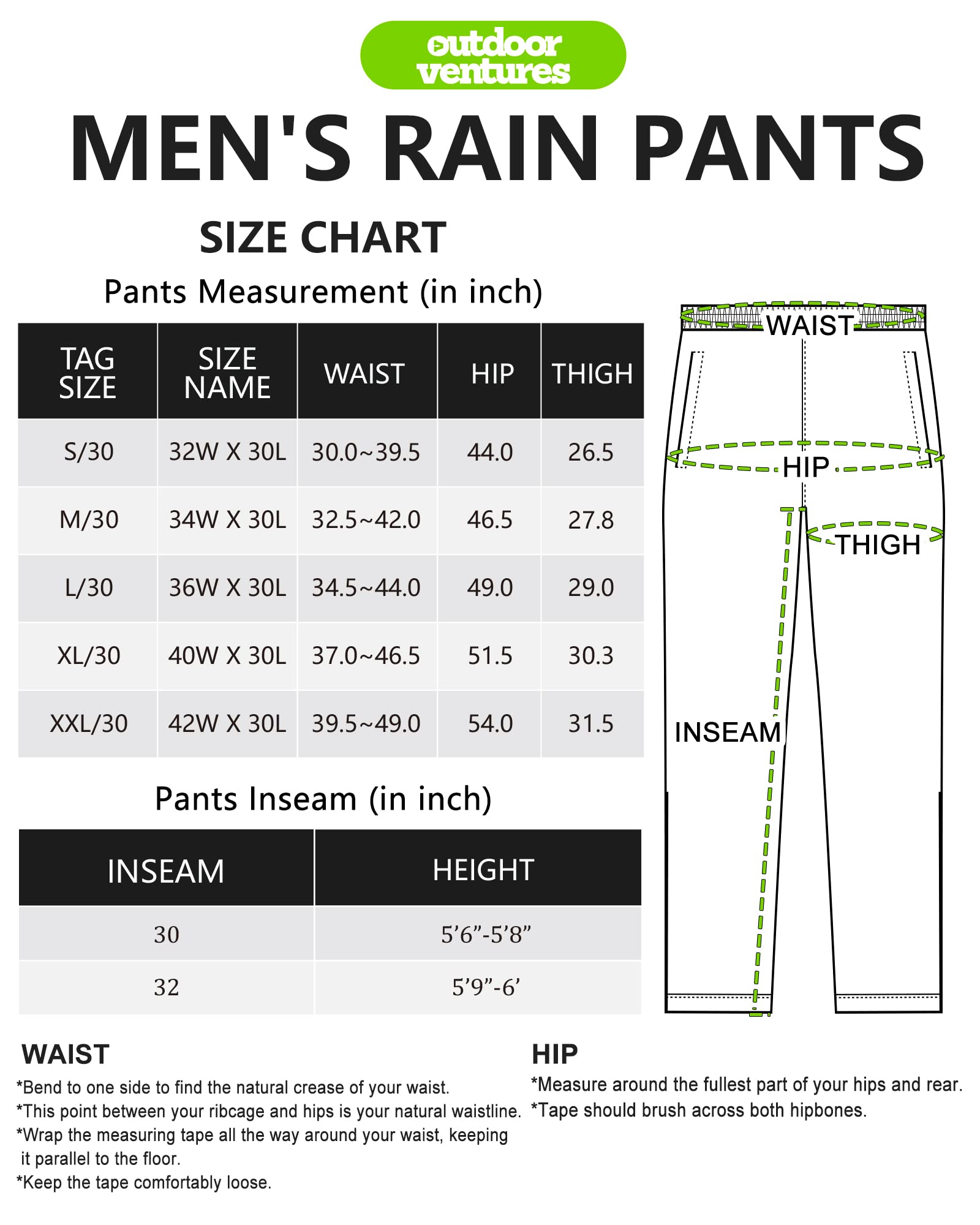 Outdoor Ventures Men's Rain Pants Waterproof Rain Overall Pants Windproof Packable Rain Outdoor Pants for Hiking Fishig Golf Black