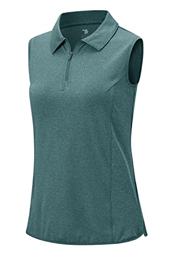 YSENTO Women's Golf Polo Shirts Tops Sleeveless Collared 1/4 Zip Dry Fit UV Protection Sun Shirts Denim Blue XL