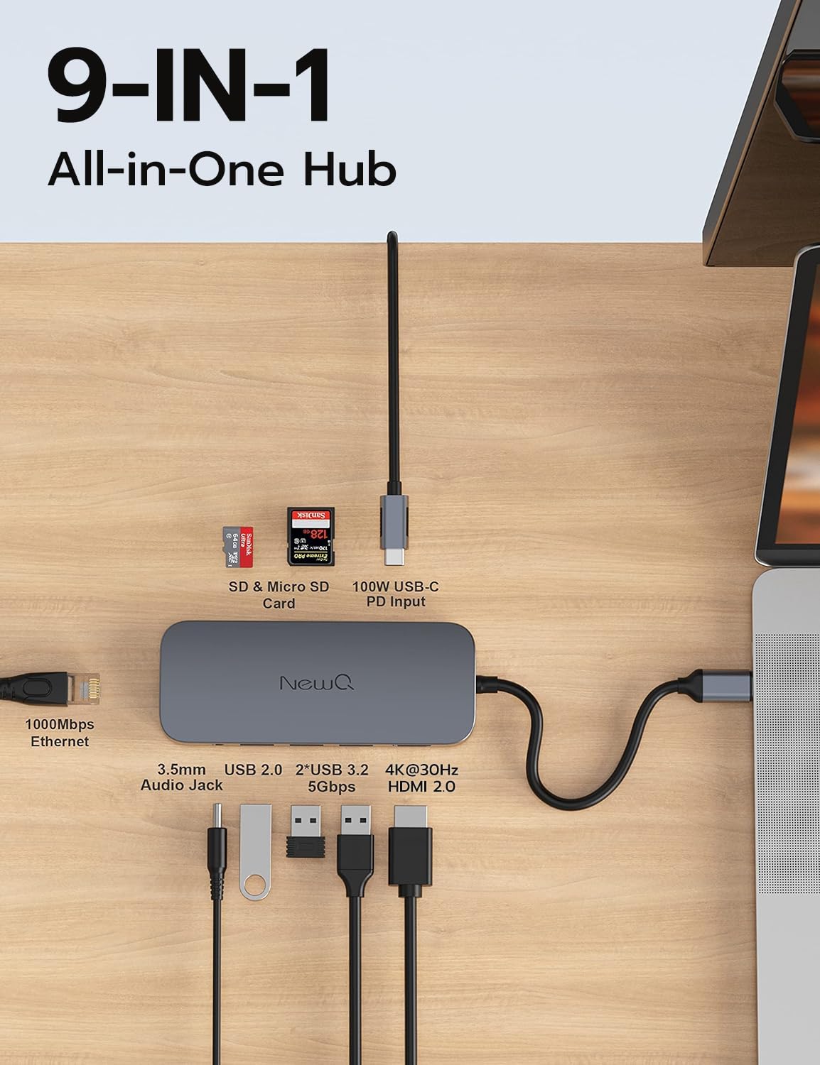 USB C Hub: NewQ 9-in-1 USB-C Adapter with 100W PD, 4K HDMI, 3*USB A 5Gbps, SD/MicroSD Reader, Audio Jack, Gigabit Ethernet, for iPad Pro, MacBook Pro/Air, USB-C(Thunderbolt 3&4) Laptops