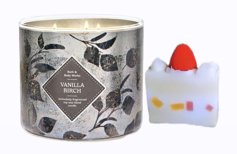 Vanilla Birch - White Barn Bath/Body Work- 3-Wick Scented Candle 14.5 OZ Burns 25-45 Hours with Strawberry Cake Soap Natural