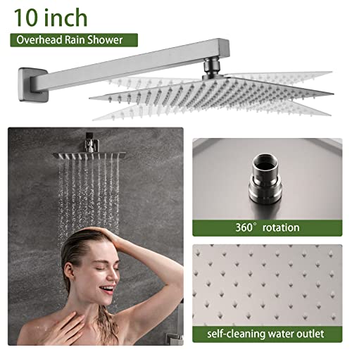 TapLong Brushed Nickel bathroom Luxury Shower System Wall Mounted Shower Faucet Set With High Pressure 10β Square Rain Shower Head and Handheld Shower Head(Rough-In Valve Body and Trim Include)