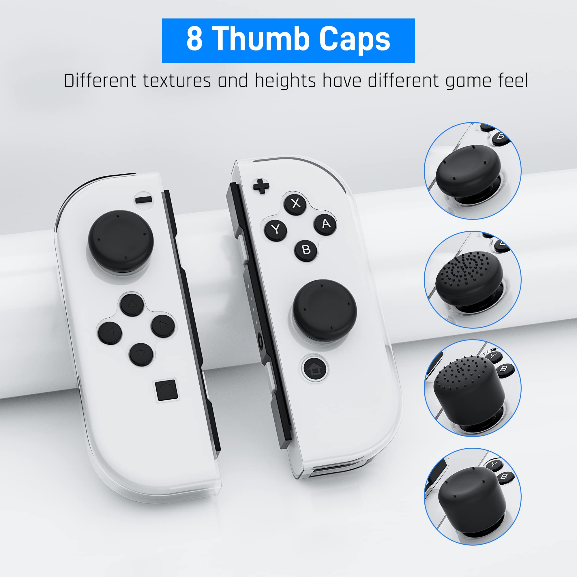 RHOTALL Clear Protective Case Compatible with Nintendo Switch OLED, Hard PC Cover for Switch OLED Console, Soft TPU Shell for Joycon Controller with 8 Thumb Caps