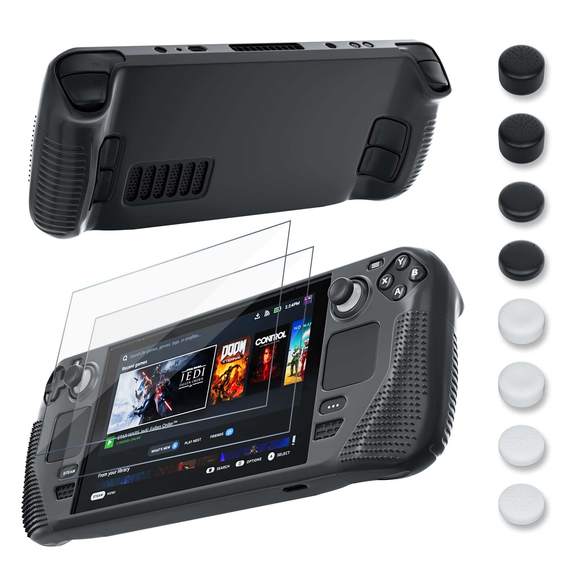 RHOTALL Soft Protective Case Compatible with Steam Deck, Anti-Slip Silicone Cover Case for Steam Deck, Comfortable Grip Design with Screen Protector and 8 Thumb Caps