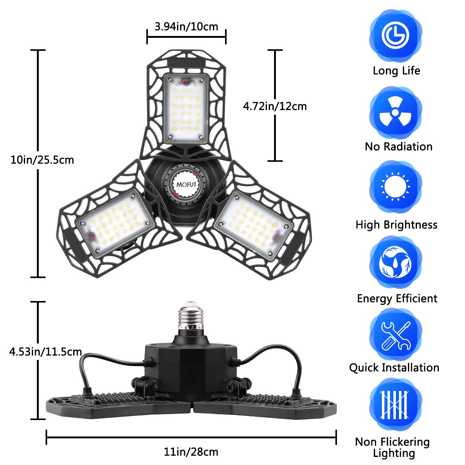 LED Garage Lights, 2 Pack LED Garage Ceiling Lights 6000LM Garage Lighting, Deformable LED Garage Light Bulbs, Support E26 Screw Socket LED Shop Lights for Garage, Lamp Sets, etc (No Motion Detection)