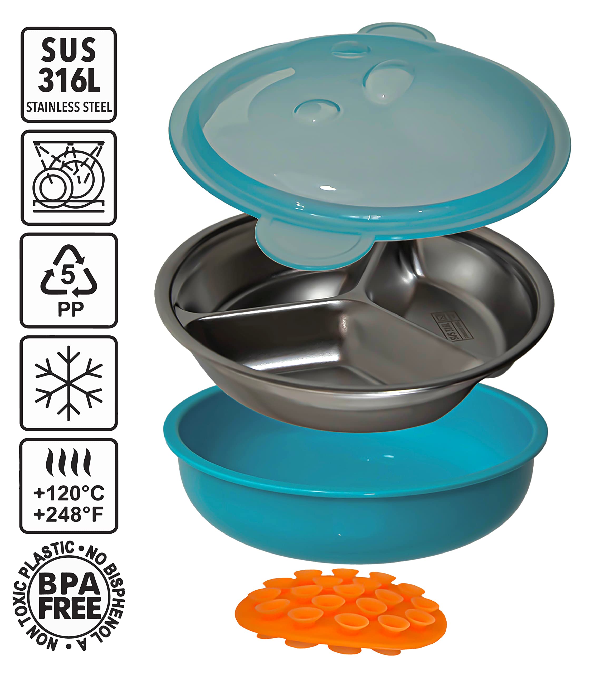 Wild & Free Ranch Stainless Steel Plate and Bowl Combo with Strong Anti-Slip Removeable Suction and Semi-Transparent Lid Designed for Children (Blue)