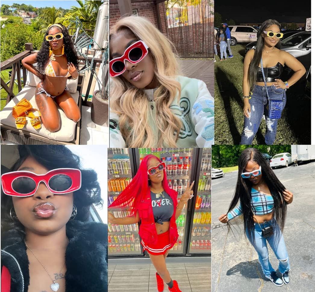 My Shades Rectangle Thick Frame Fashion Sunglasses Chunky Funky (Red Front, White)