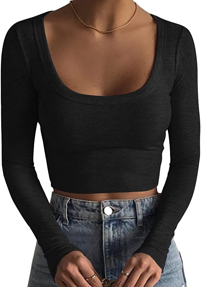 QUYEA Women's Square Neck Long Sleeve Ribbed Slim Fitted Shirts Tops Casual Basic Bodycon Crop Top Black,X-Large