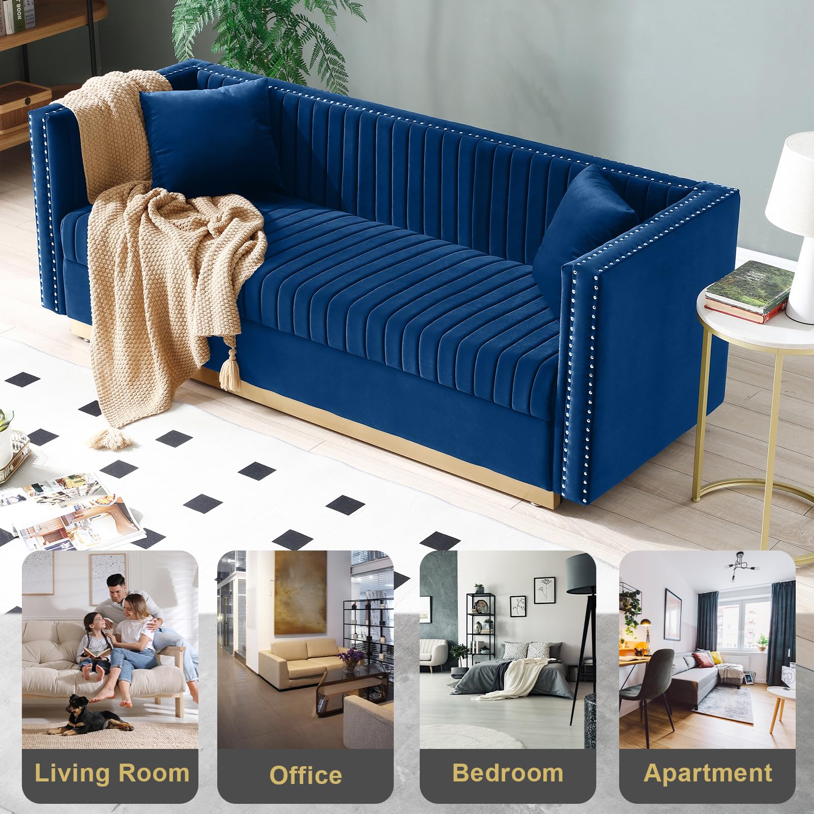 Vanress 78" Velvet Upholstered Sofa,Modern Tufted Couch 3 Seater,Square Arm, with Nailhead Trim and 2 Pillows for Living Room, Office (Blue)