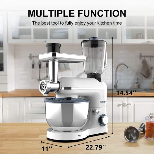 Nurxiovo Kitchen Stand Mixer, Multifunctional 3 in 1 Food Mixer Tilt-Head 850W Dough Machine with 6-1/2 Qt Stainless Steel Bowl, Hook, Whisk, Beater, Meat Blender and Juicer, White