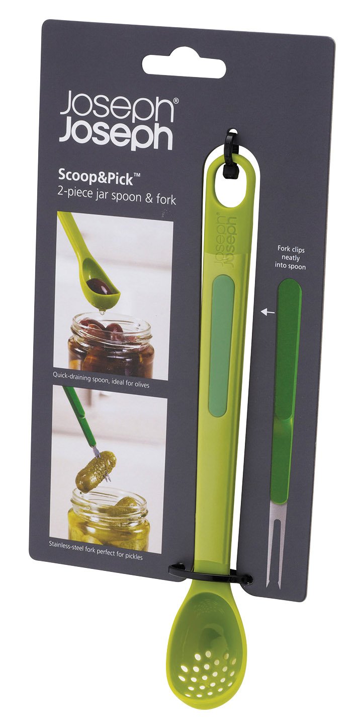 Joseph Joseph Scoop Colander Strainer Slotted Spoon, Large, Black & Scoop & Pick Jar Spoon and Fork Set, Green