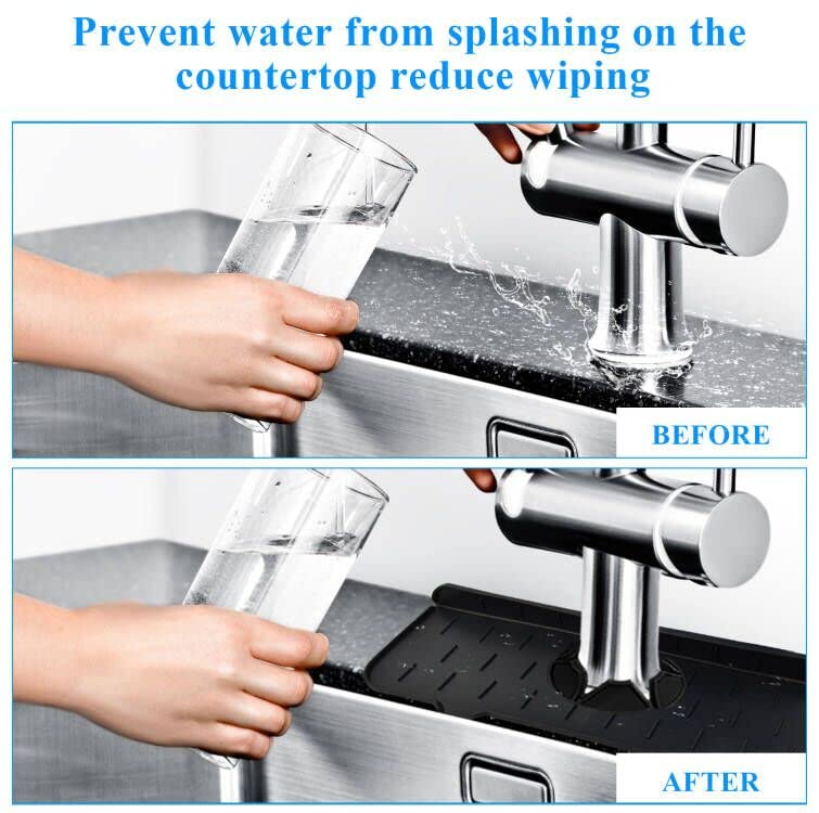 Silicone Kitchen Sink Splash Guard, VSTM Faucet Water Drip Catcher Mat, Sink Drain Pad Behind Faucet, CounterTop Protector Drying Mat Racks for Bathroom, Kitchen, Bar, RV and Farmhouse (Black)