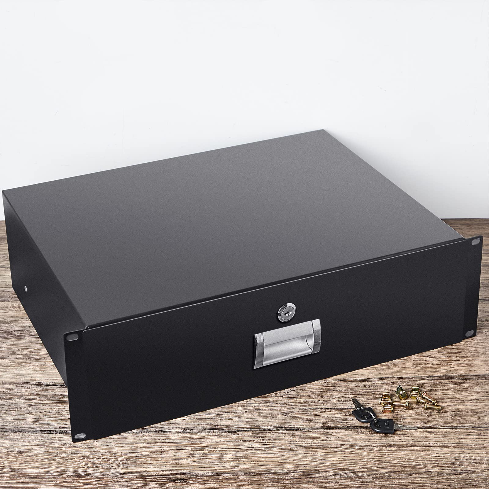 Server Cabinet Case Drawer Metal Rack Mount Tool Drawer 19 Inch Rack Mount DJ Locking Lockable Deep Drawer with Key for Enclosure Server Rack Cabinet Black (3U)