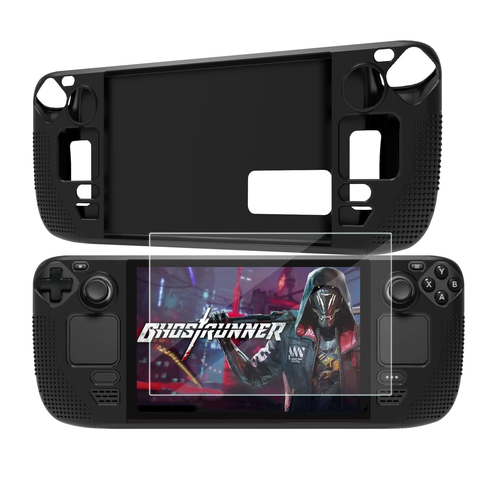 Silicone Case for Steam Deck Game Console, Tenger Non-Slip Shockproof Protective Cover, Full Wrap Silica Gel Skins with Steam Deck Glass Protective Film Anti-Scratch and Anti-Sweat (Black)