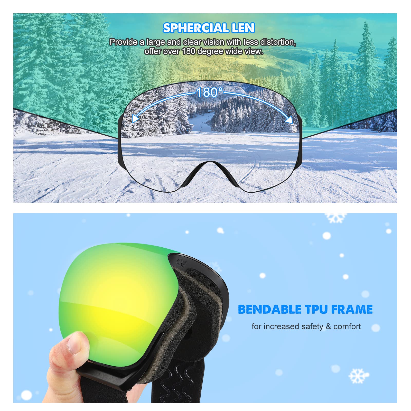 KUYOU Ski Goggles, Snowboard Goggles, Mag-Pro Magnetic Interchangeable Lenses, UV400 Protection Snow Goggles for Men & Women