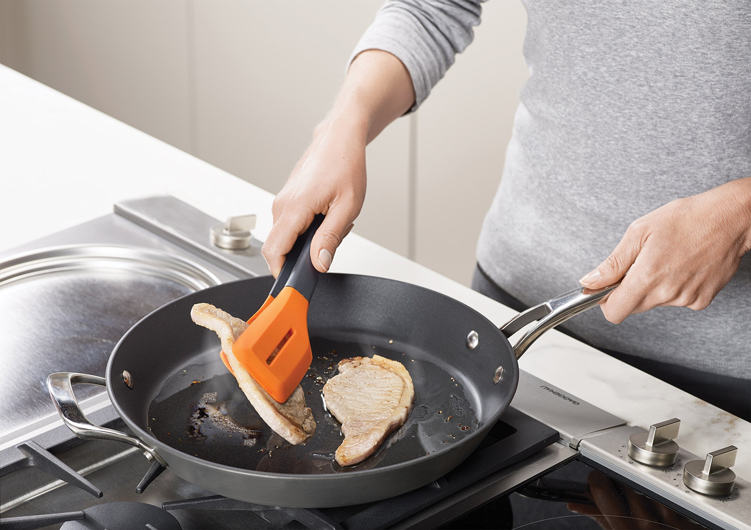 Joseph Joseph Turner Tongs, Ergonomic Silicone Tongs, Locks for compact storage, Dishwasher safe - Grey/Orange