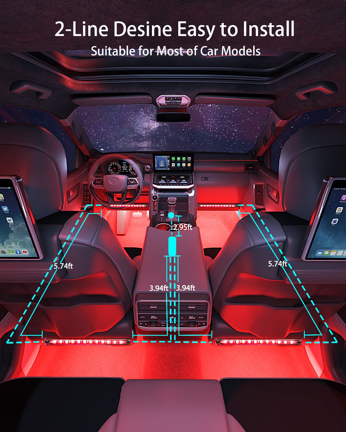 Keepsmile Interior Car Lights Accessories APP Control with Remote Music Sync Color Change RGB Under Dash Car Lighting with USB Charger 12V 2A Led Lights for Jeep Truck