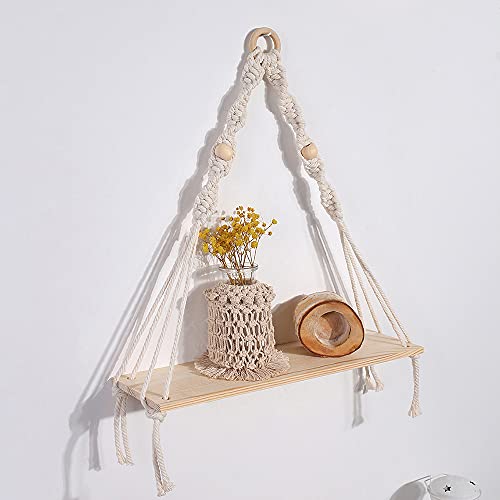 YuPinDiZu Macrame Wall Hanging Shelf | Boho Shelves with Wood Shelf | 2 Pcs Handmade Macrame Shelf for Hanging Plants and Decor | Boho Wall Decor with Beautiful Macrame Rope and Shelf (Beige)