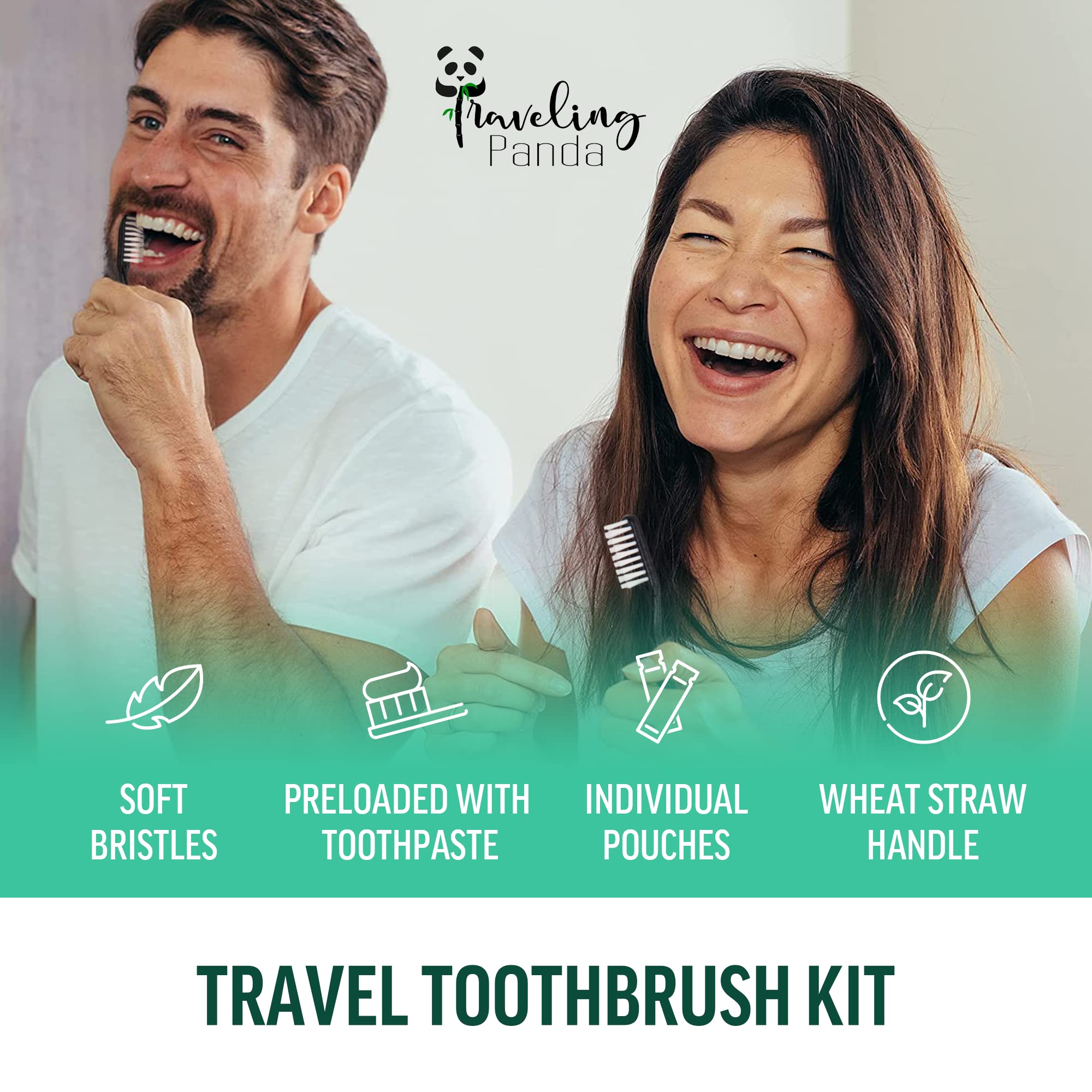 Traveling Panda Wheat Straw Toothbrushes, Soft Bristles Toothbrush with Toothpaste Built in, Travel Toothbrush Kit, Includes Brushes and Mint Toothpaste Tablets, 2 Mini Brushes, 20 Tabs