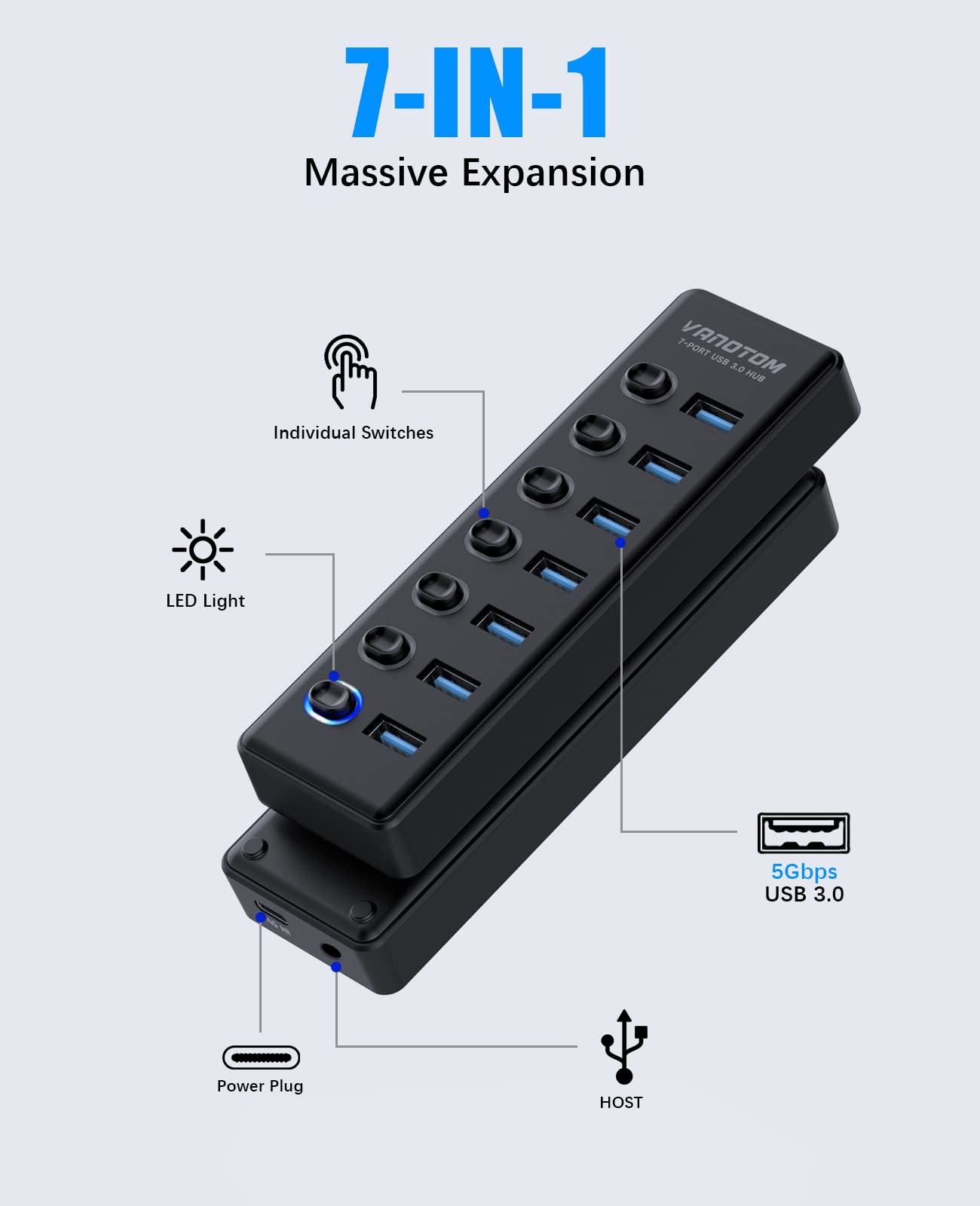 USB Hub,VANOTOM 4 Port USB 3.0 Hub Splitter,USB Port Extender for Laptop,Desktop,Surface Pro