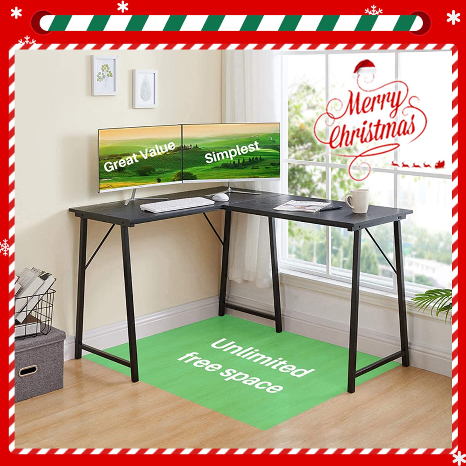 L Shaped Desk Gaming Computer Desk 50.4'' Home Office Corner Desk ps5 Kids Writing Desk for Small Space Modern Students Study PC Laptop Table Large Wood Workstation Space-Saving for Bedroom, Black