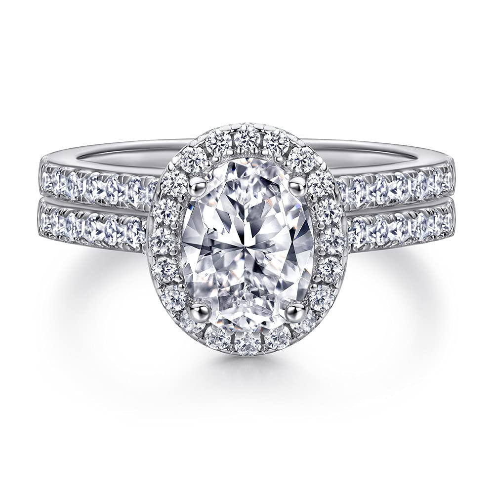 Oval Bridal Sets Wedding Ring Set for Women Platinum Plated Silver, 1Carat Center Moissanite Engagement Ring Set White Gold Anniversary Promise Rings for Her with Text Engraving(size 7