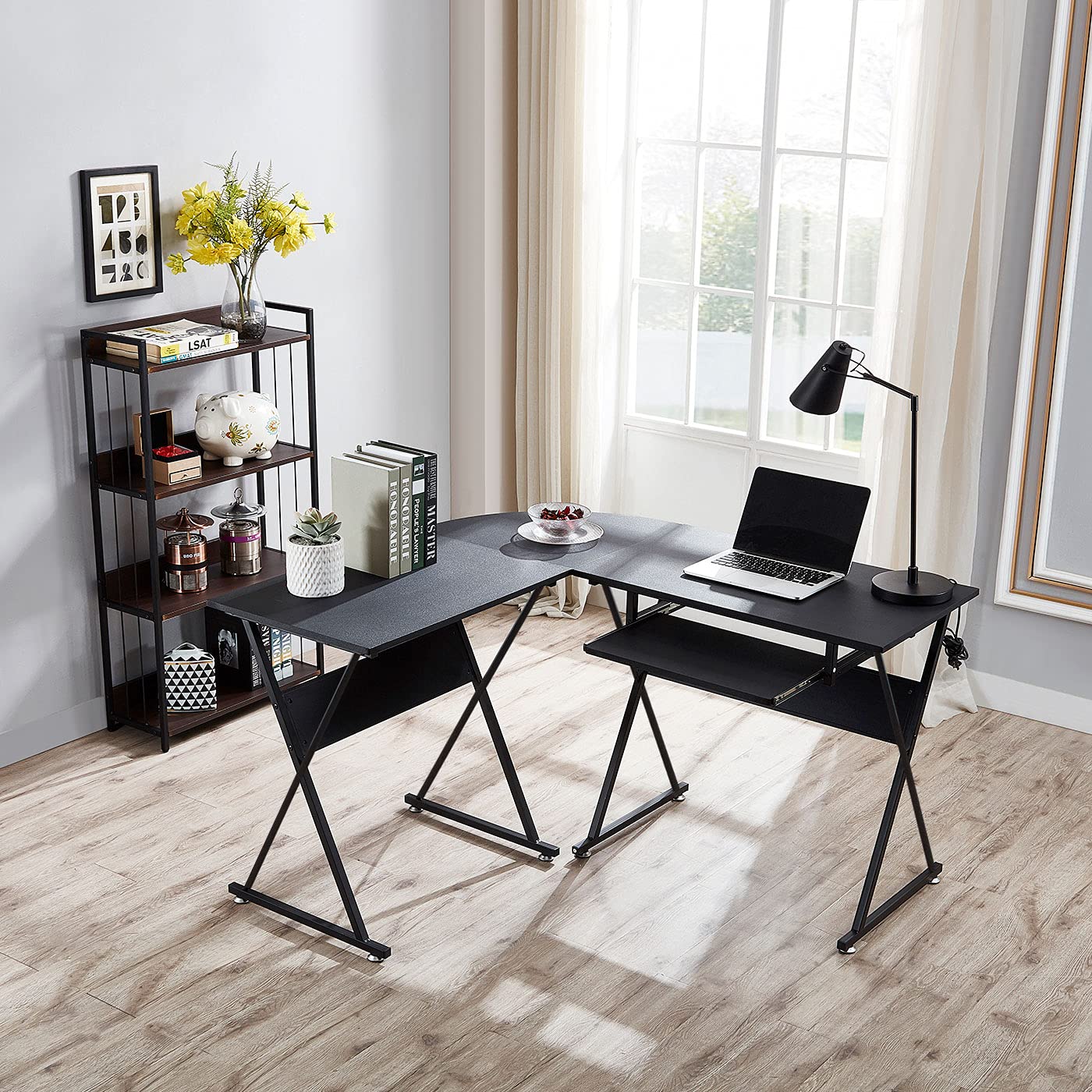L Shaped Desk with Keyboard Tray Reversible Gaming Desk Corner Computer Desk for Home Office, Black Wood & Steel Frame Writing Study PC Workstation Table for Small Space