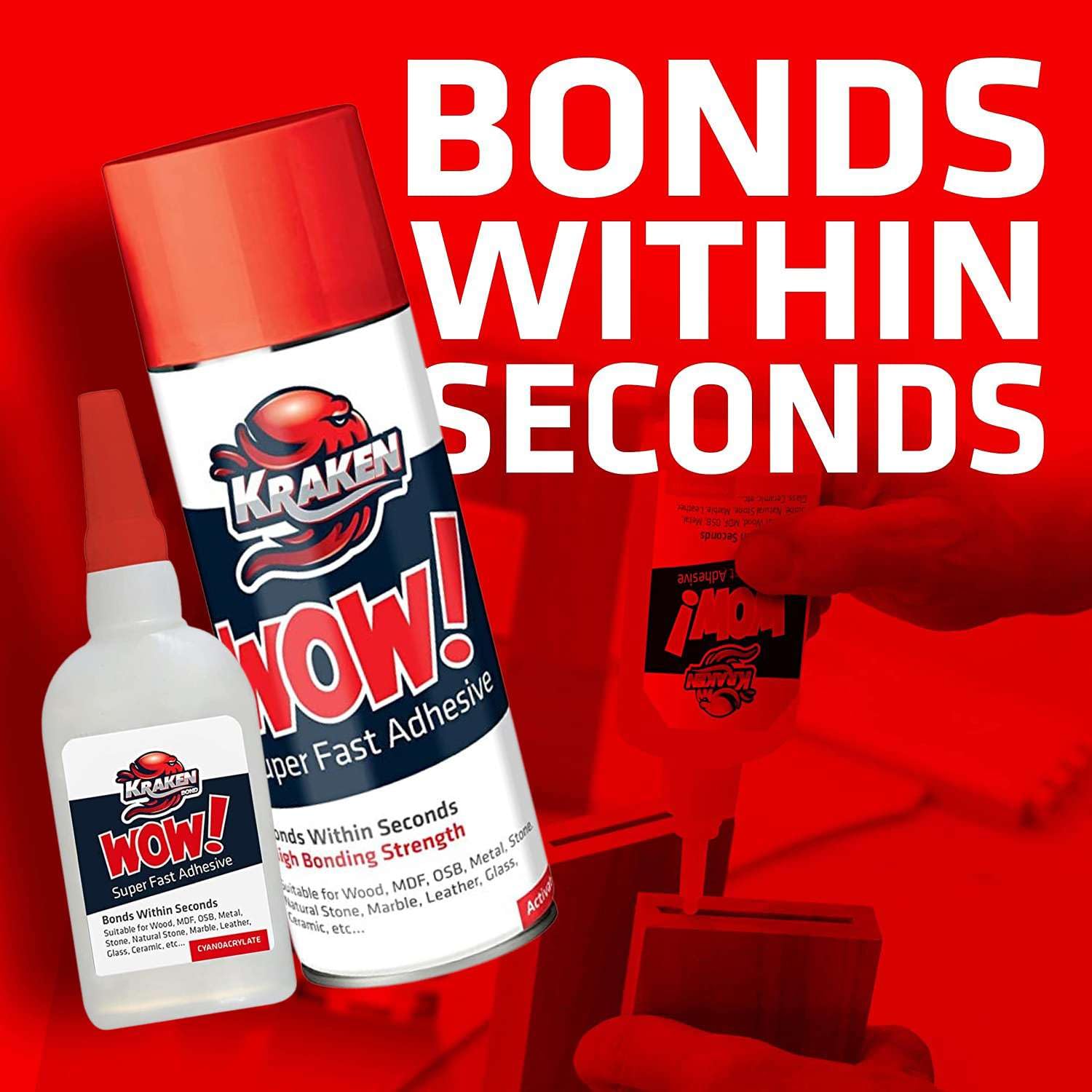 Kraken Bond Wow! CA Glue (2 x 1.75 oz.) with Spray Adhesive Activator (2 x 6.75 fl oz.) - Cyanoacrylate Glue, CA Glue with Activator, CA Glue for Woodworking, Crazy Glue, Craft Glue | 2 Pack