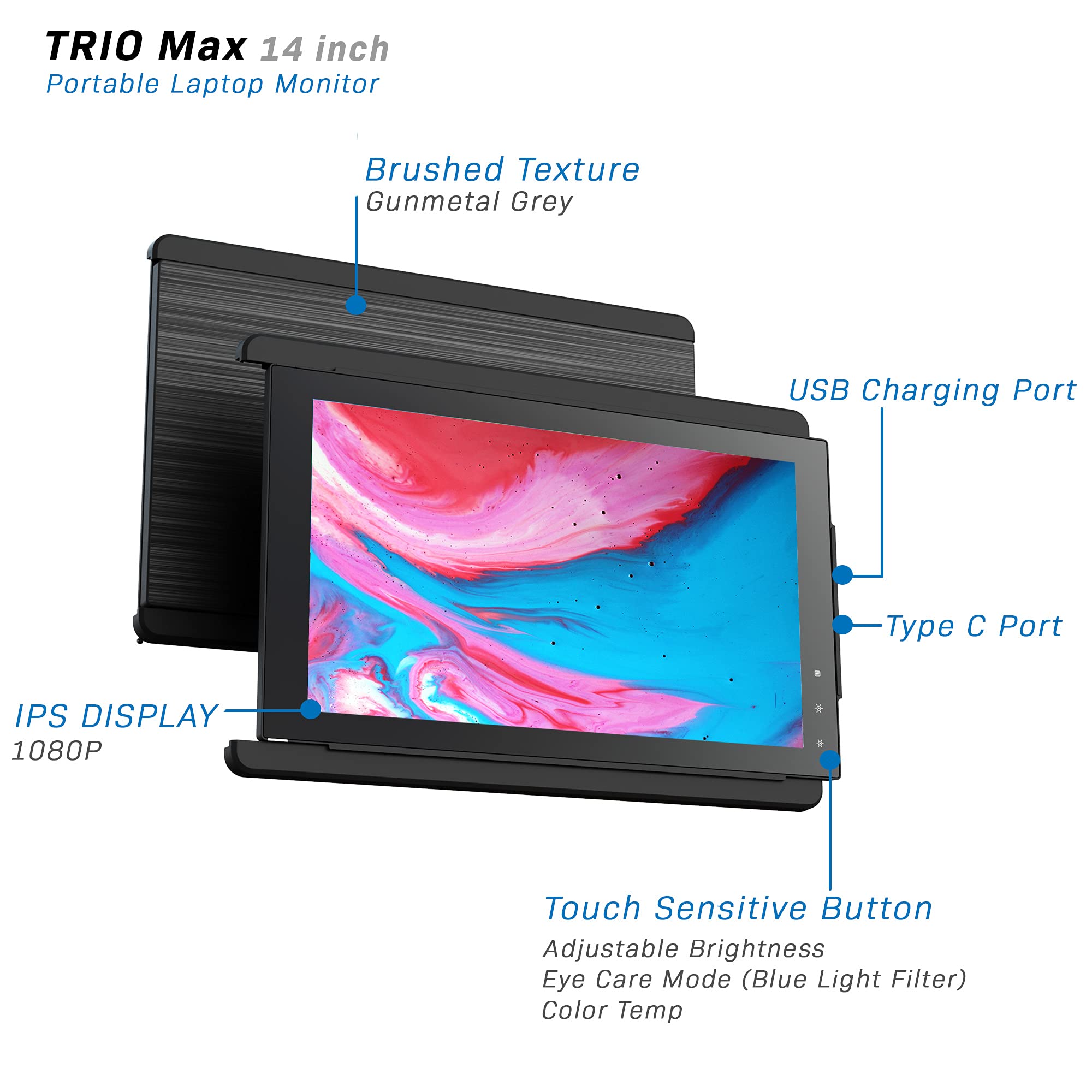 Trio Max 14'' Mobile Pixels Tri-Screen Laptop Screen Extender with Kickstand, Full HD IPS Triple Monitor for laptops USB C/USB A,Windows/Mac/OS/Android/Switch Compatible (2X Monitor and 1x Kickstand)