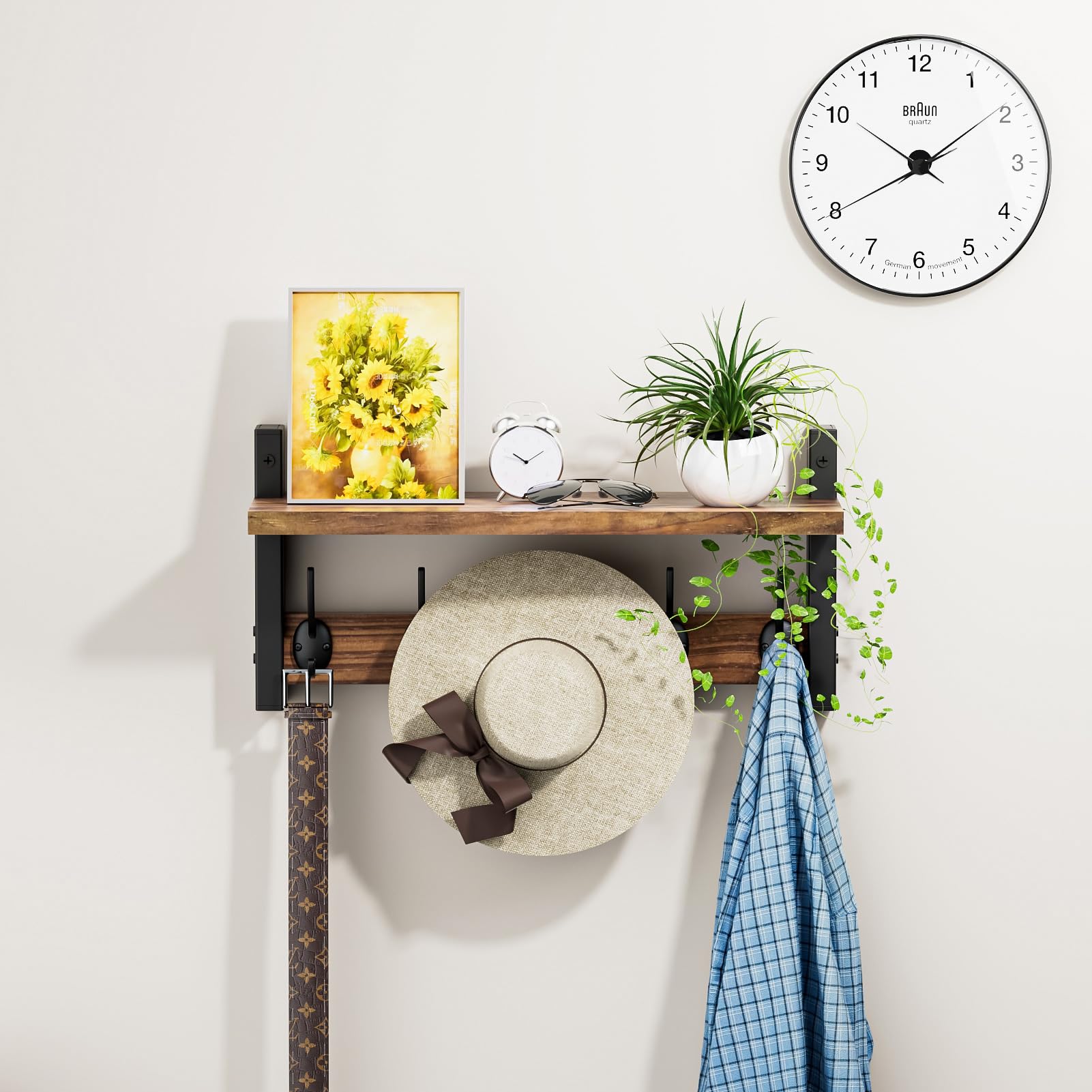 VITVITI Coat Rack Wall Mount with Shelf, Wood Entryway Coat Hanger with 5 Metal Hooks, Farmhouse Hat Coat Rack for Wall Living Room/Bathroom/Kitchen, Rustic Brwon