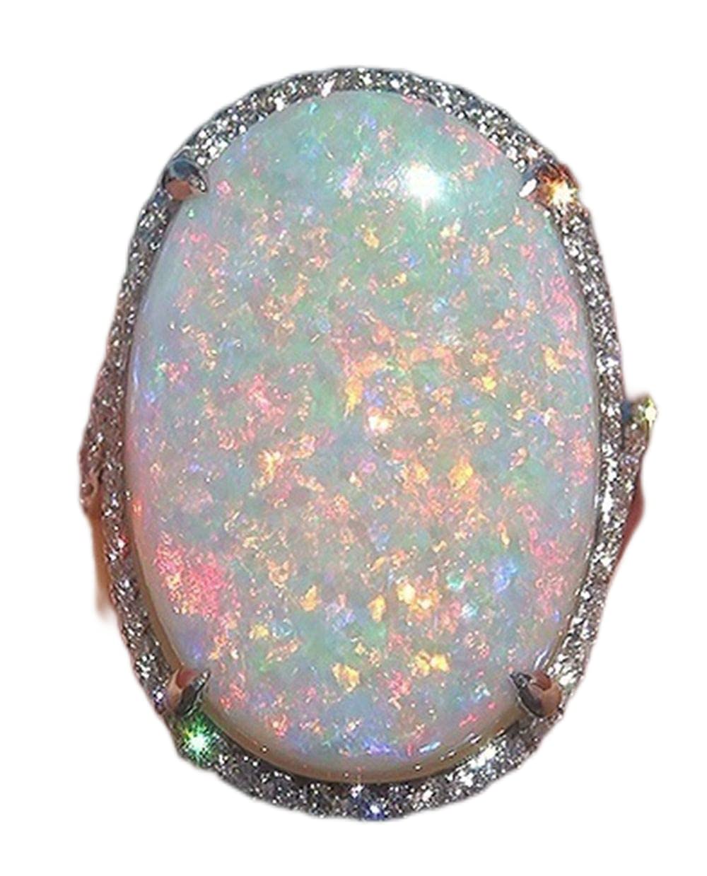LRGKMCWTOB Women's Large 925 Silver Fire Opal Gemstone Ring Oval Cut Micro Mosaic Cubic Zirconia Ring Wedding Engagement Ladies Jewelry Size 6-10 (US code 8)