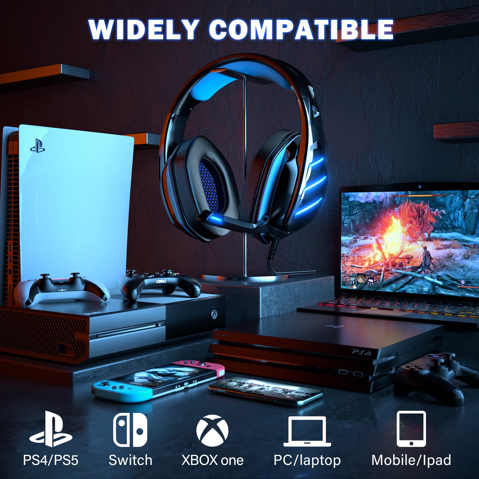Ozeino Gaming Headset for PS4 PS5 Xbox One PC Switch Laptop with 7.1 Surround Sound, Gaming Headphones with Noise Canceling Mic