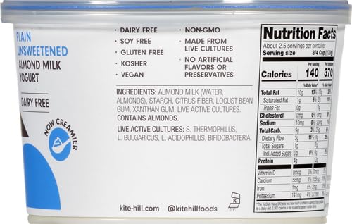 Kite Hill Plain Unsweetened Almond Milk Yogurt, 16 Ounces, Dairy Free