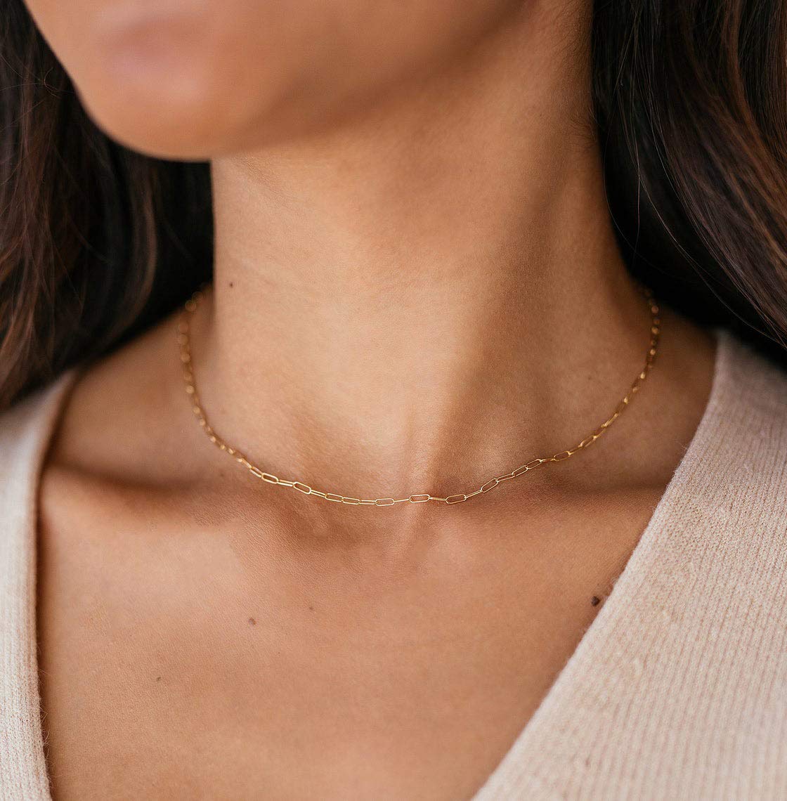 Lcherry Dainty Paperclip Choker Necklace 14K Gold Plated Paper Clip Chain Necklace for Women