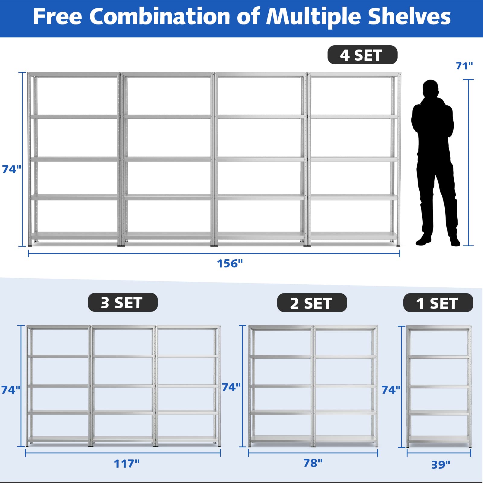 Tangkula Garage Storage Shelves, 74In 5-Tier Metal Shelving Unit for Storage, Adjustable Heavy Duty Storage Rack with 1433LBS Weight Capacity for Garage Warehouse Basement, 39 x 16 x 74 Inch (2, Grey)