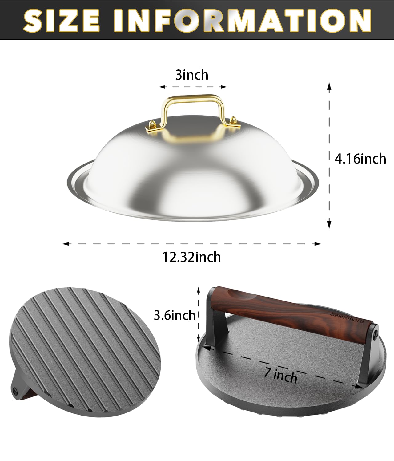 SemiShare Griddle Accessories for Blackstone, Commercial Grade 12 Inch Heavy Duty Round Melting Dome with 7" Round Cast Iron Grill Burger Bacon Press…