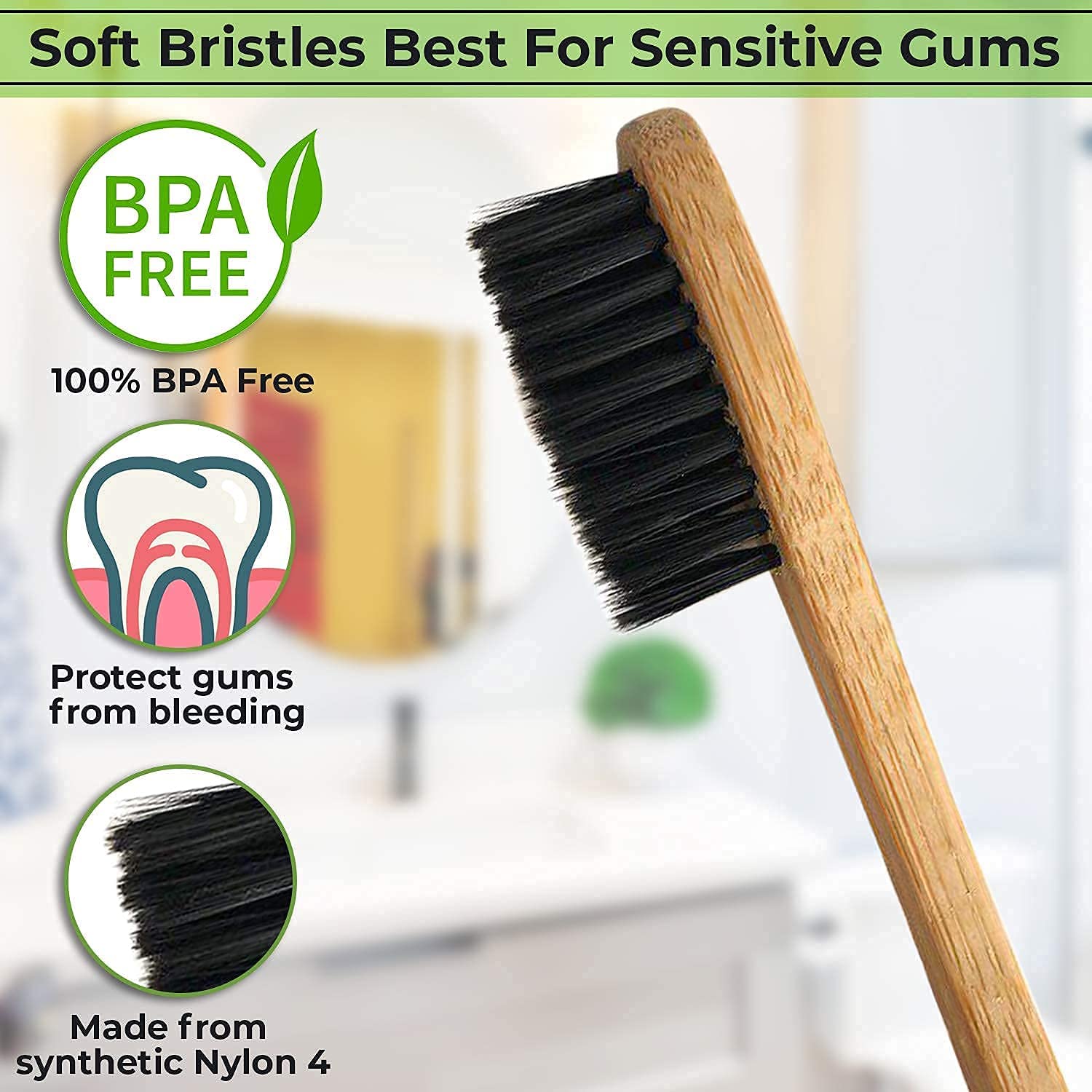 VICROAD Adult Bamboo Toothbrushes BPA Free Soft Bristles Toothbrushes Eco-Friendly, Natural Bamboo Toothbrush Set Biodegradable, Compostable & Organic Charcoal Wooden toothbrushes(10 Pack