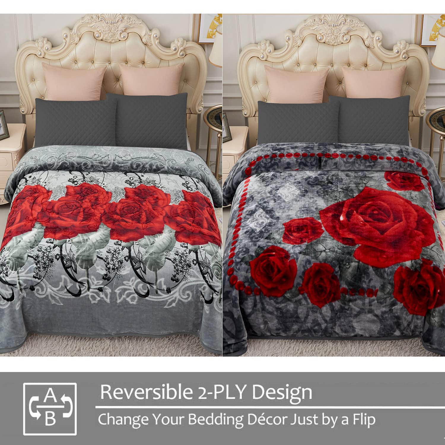 JYK Korean Style Mink Fleece Blanket 75"x87", 5 LB - 2 Ply Reversible 520GSM Silky Soft Plush Warm Blanket for Autumn Winter (Queen, Grey/Red Rose)